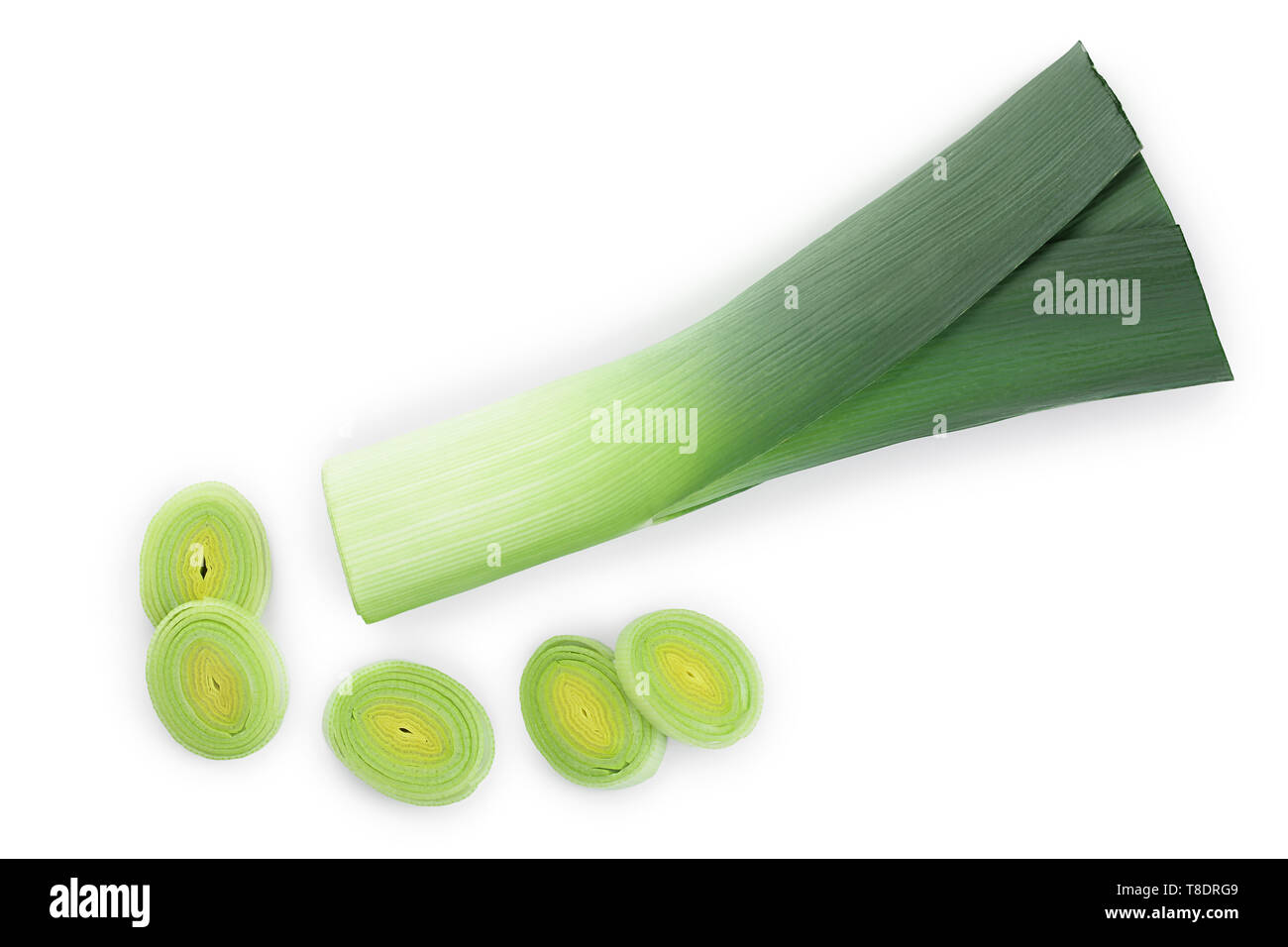 Leek vegetable closeup isolated on white background. Top view. Flat lay ...