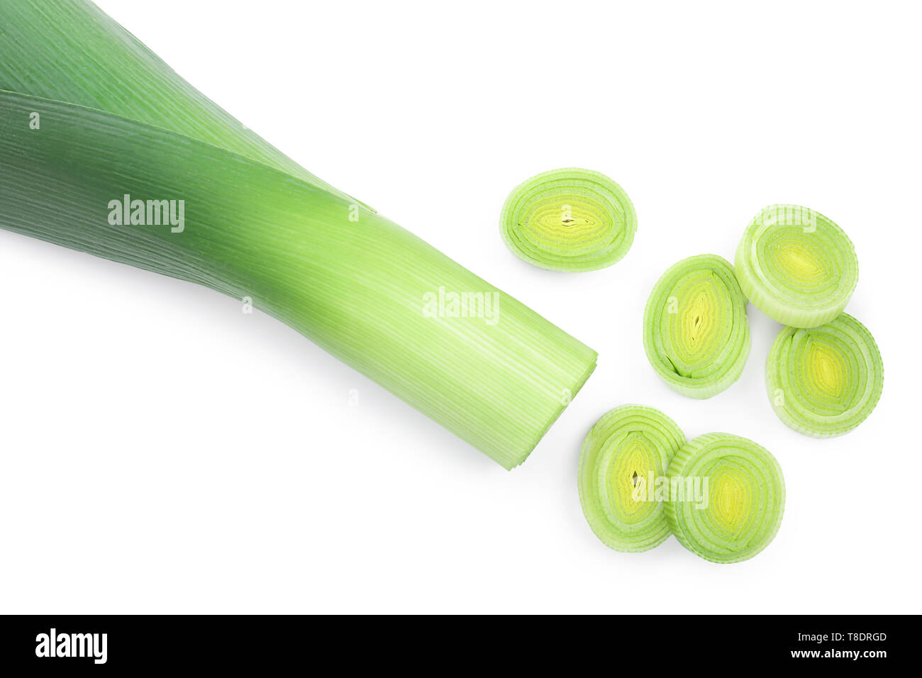 Leek vegetable closeup isolated on white background. Top view. Flat lay ...