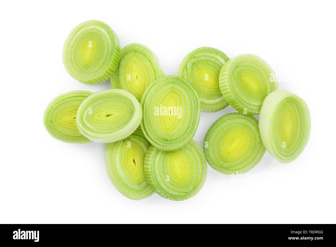 sliced Leek vegetable isolated on white background. Top view. Flat lay ...
