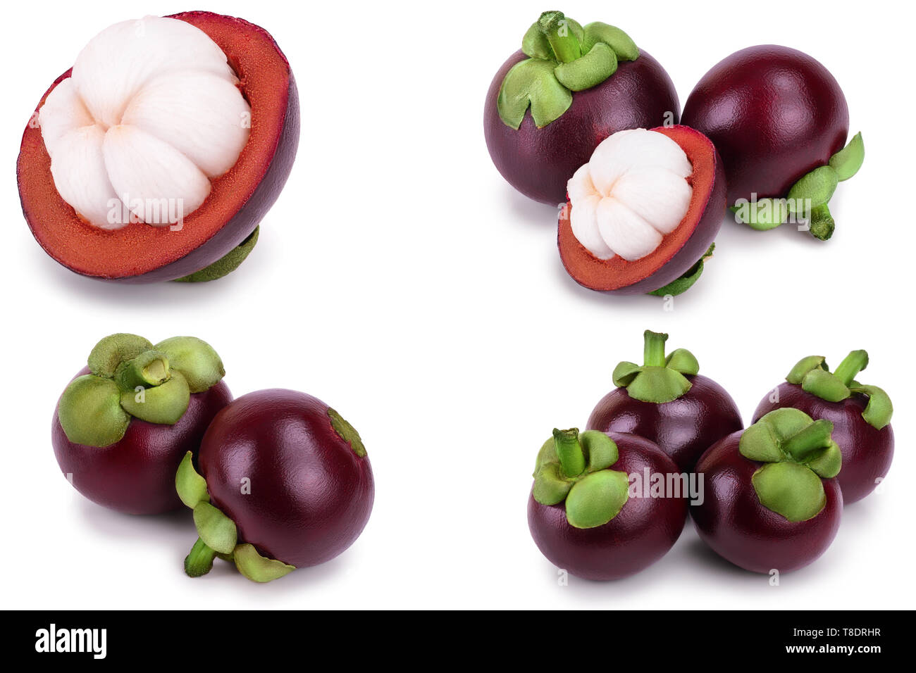 ripe mangosteen with leaves isolated on white background closeup. Set ...