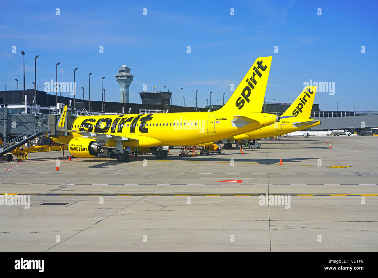 CHICAGO, IL -21 APR 2019- View yellow airplanes from low-cost carrier ...