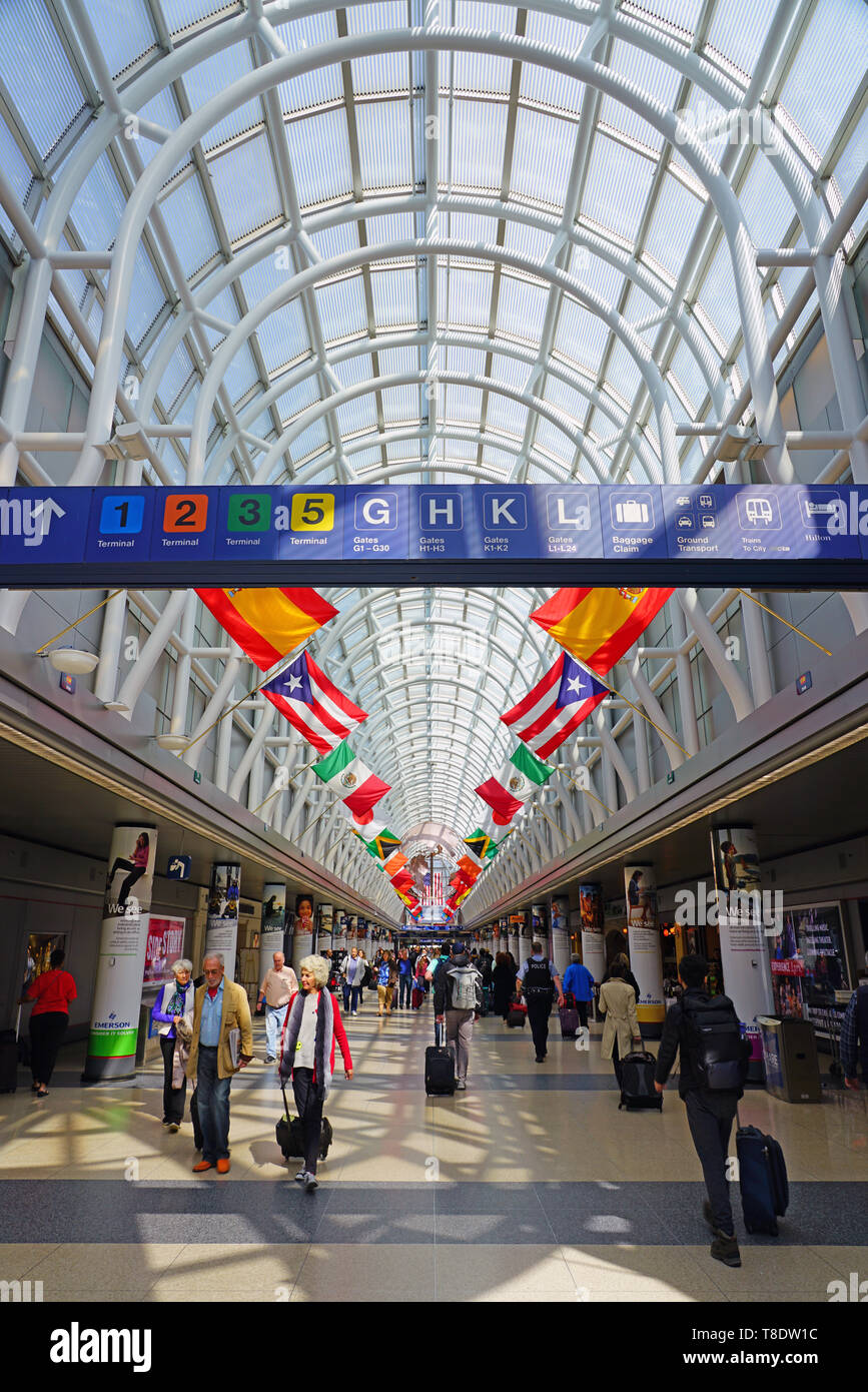 CHICAGO, IL -21 APR 2019- View of the Hall of Flags in Terminal 3 from ...