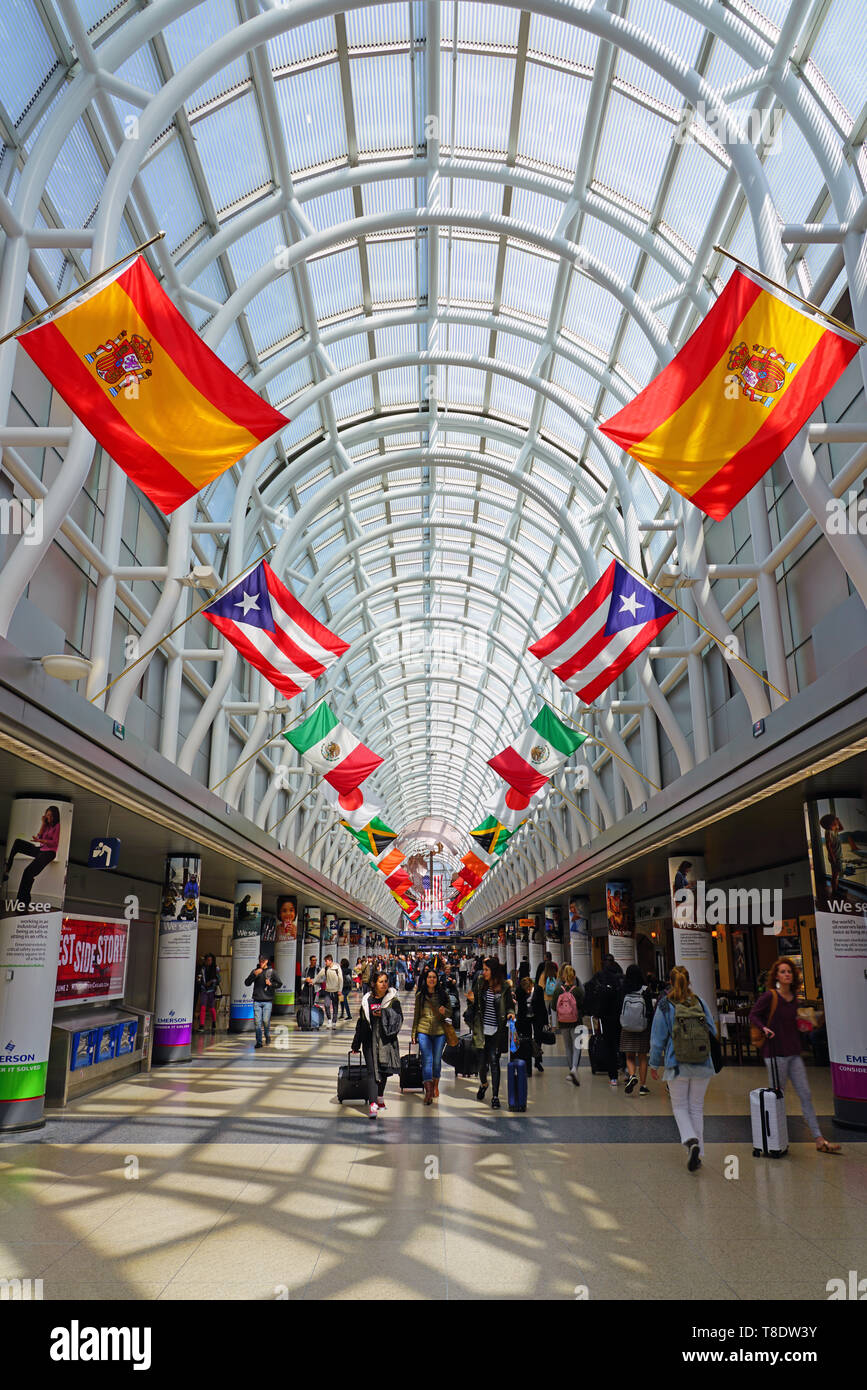 CHICAGO, IL -21 APR 2019- View of the Hall of Flags in Terminal 3 from ...