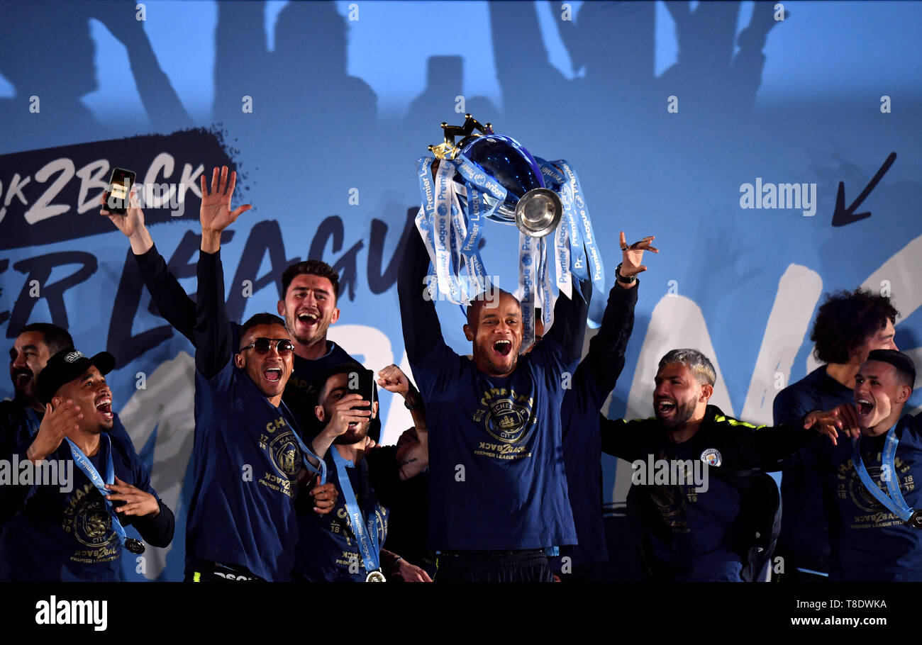 Manchester City's Vincent Kompany on stage with the trophy during the ...