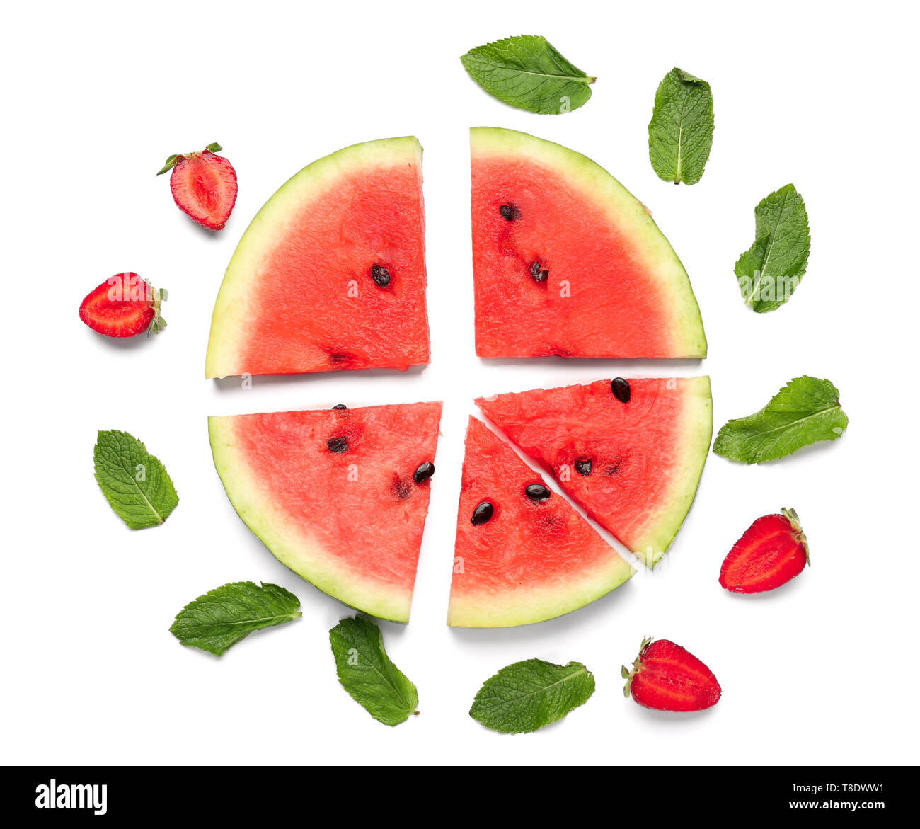 Composition with delicious sliced watermelon on white background Stock ...