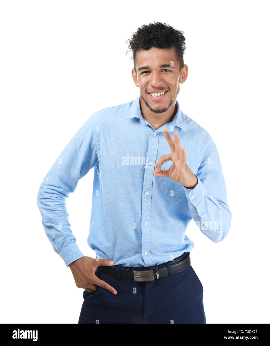 Handsome African American Man In Formal Clothes Showing Ok Gesture On