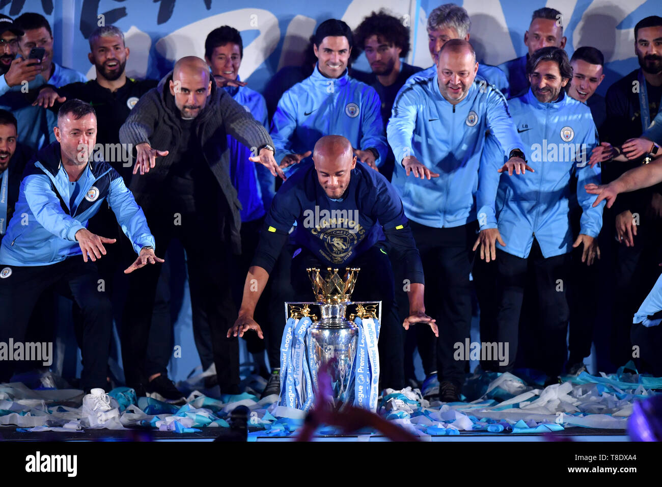 Manchester City's Vincent Kompany on stage with the trophy during the ...