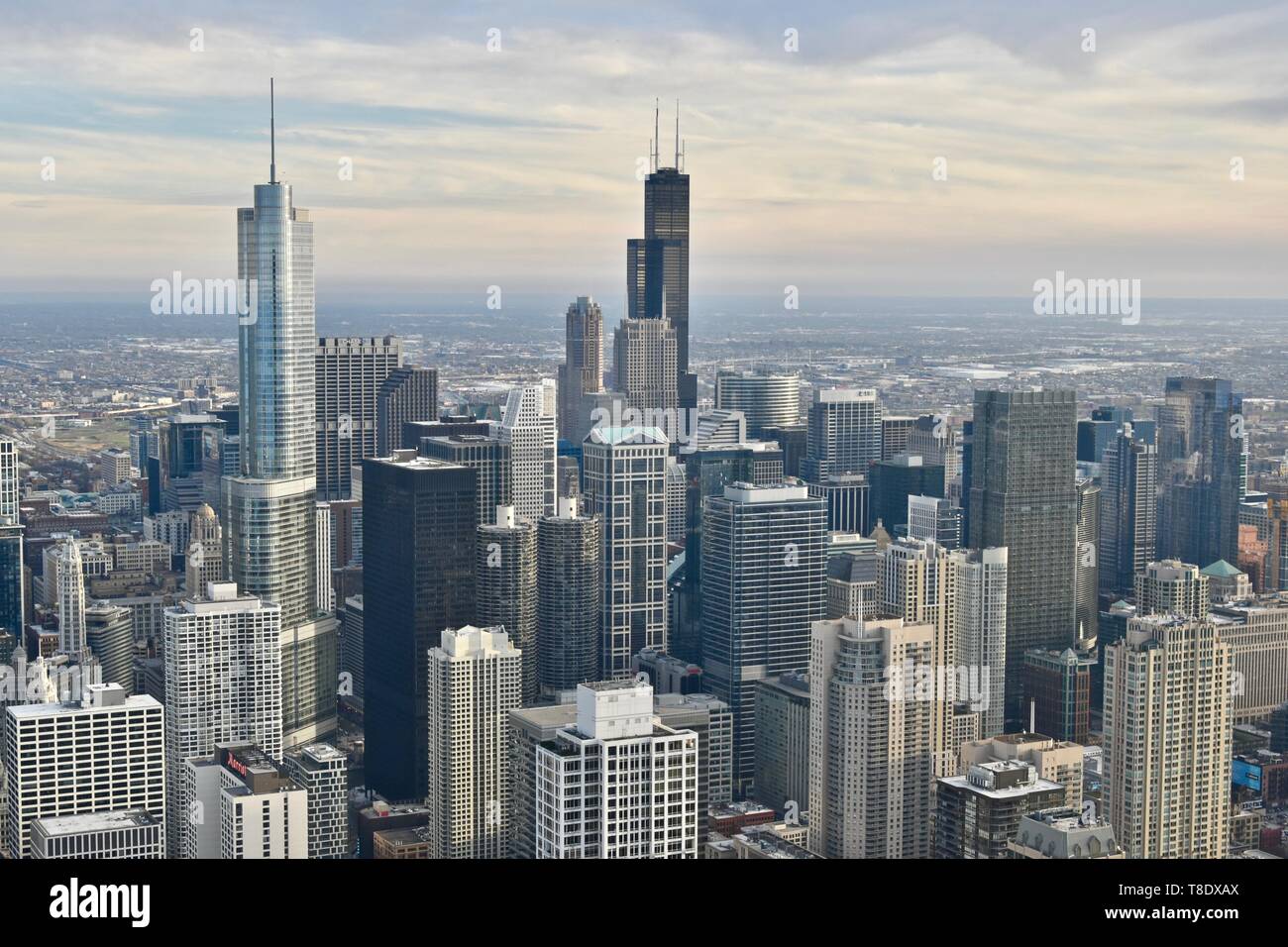 View of the Chicago skyline seen from the 360 Chicago observation deck ...