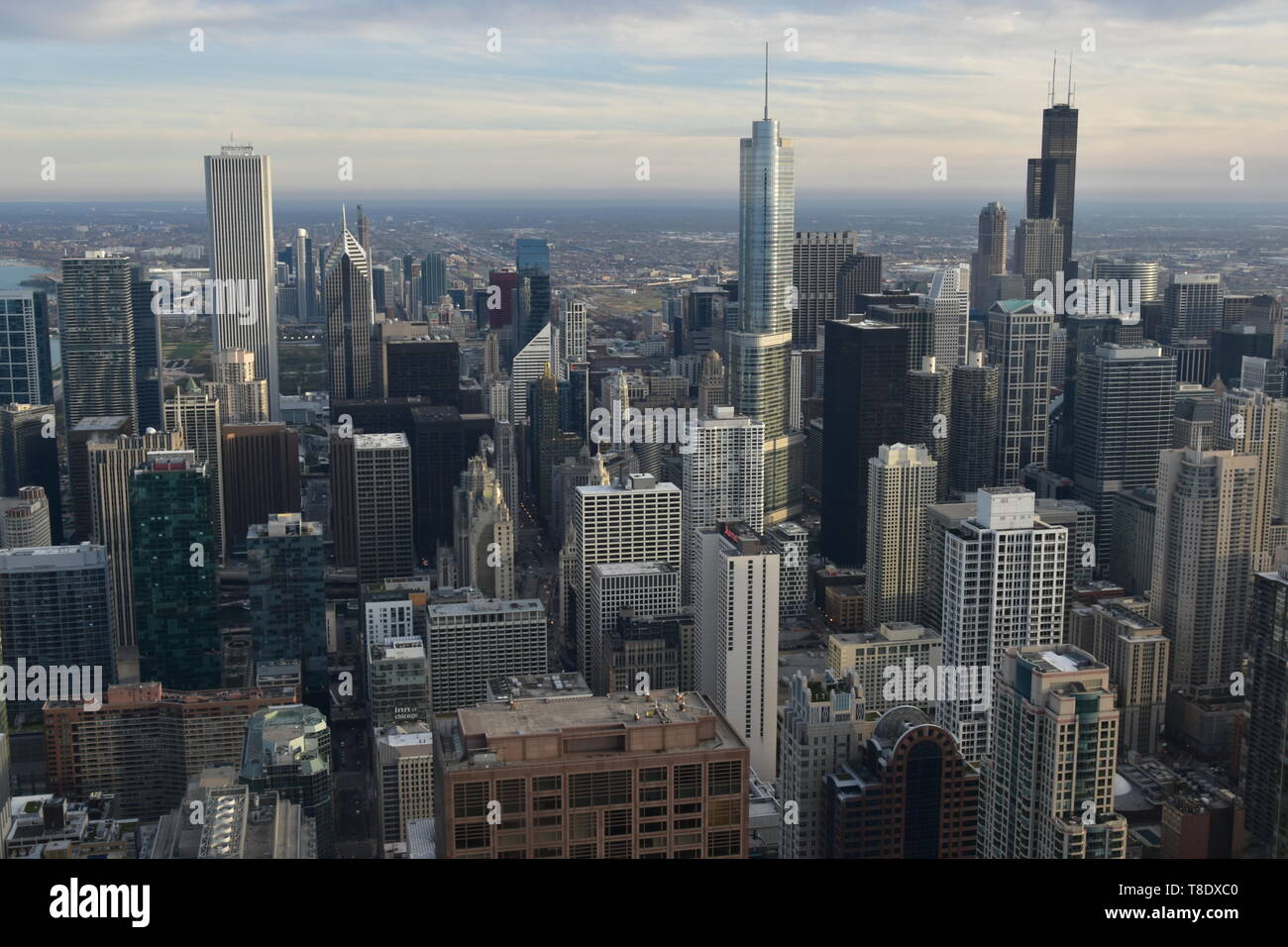 View of the Chicago skyline seen from the 360 Chicago observation deck ...