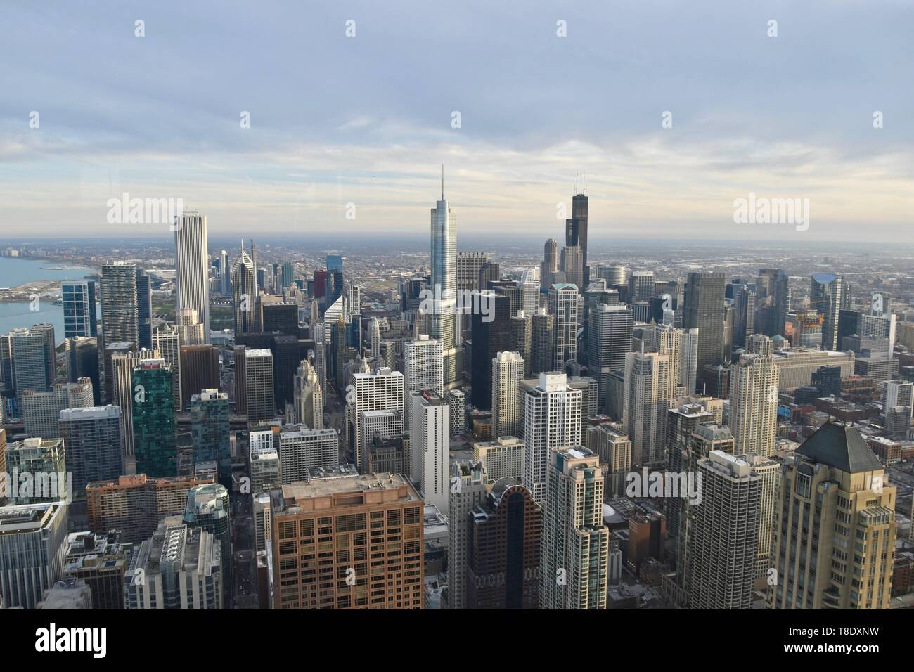 View of the Chicago skyline seen from the 360 Chicago observation deck ...
