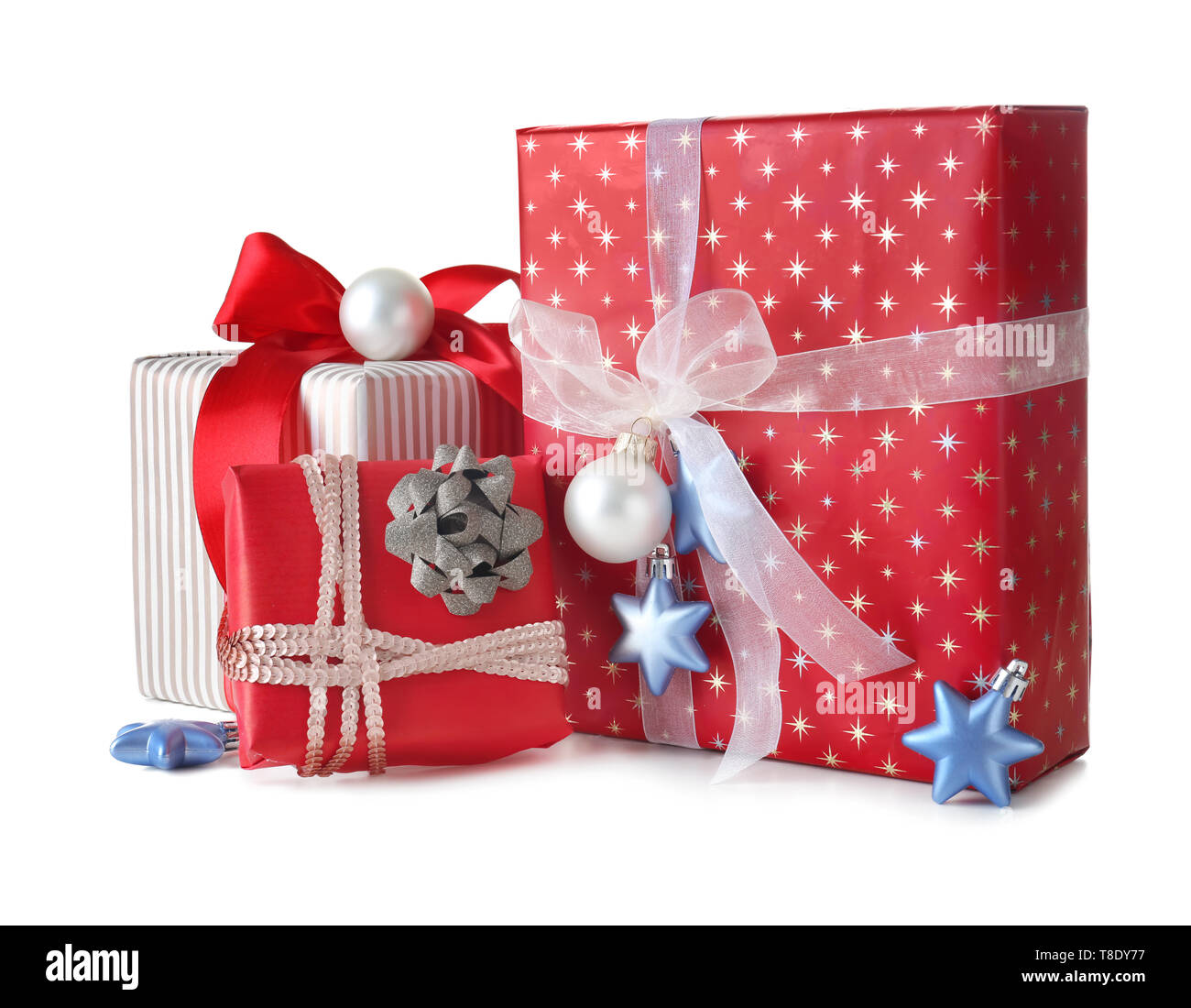 Beautiful Christmas gift boxes on white background Stock Photo - Alamy