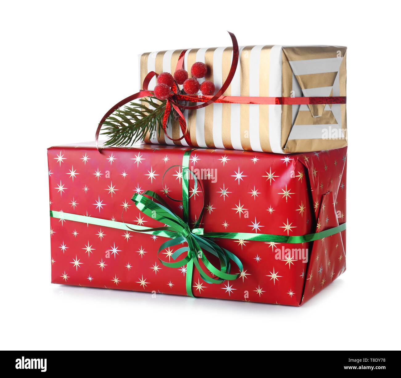 Beautiful Christmas gift boxes on white background Stock Photo - Alamy