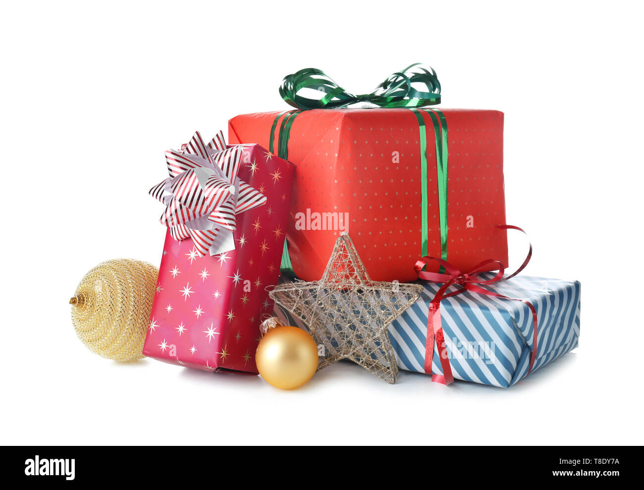 Beautiful Christmas gift boxes on white background Stock Photo - Alamy
