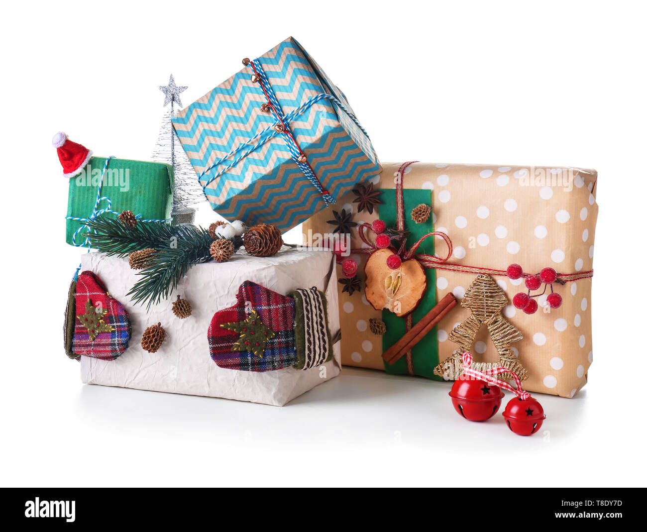Beautiful Christmas gift boxes on white background Stock Photo - Alamy