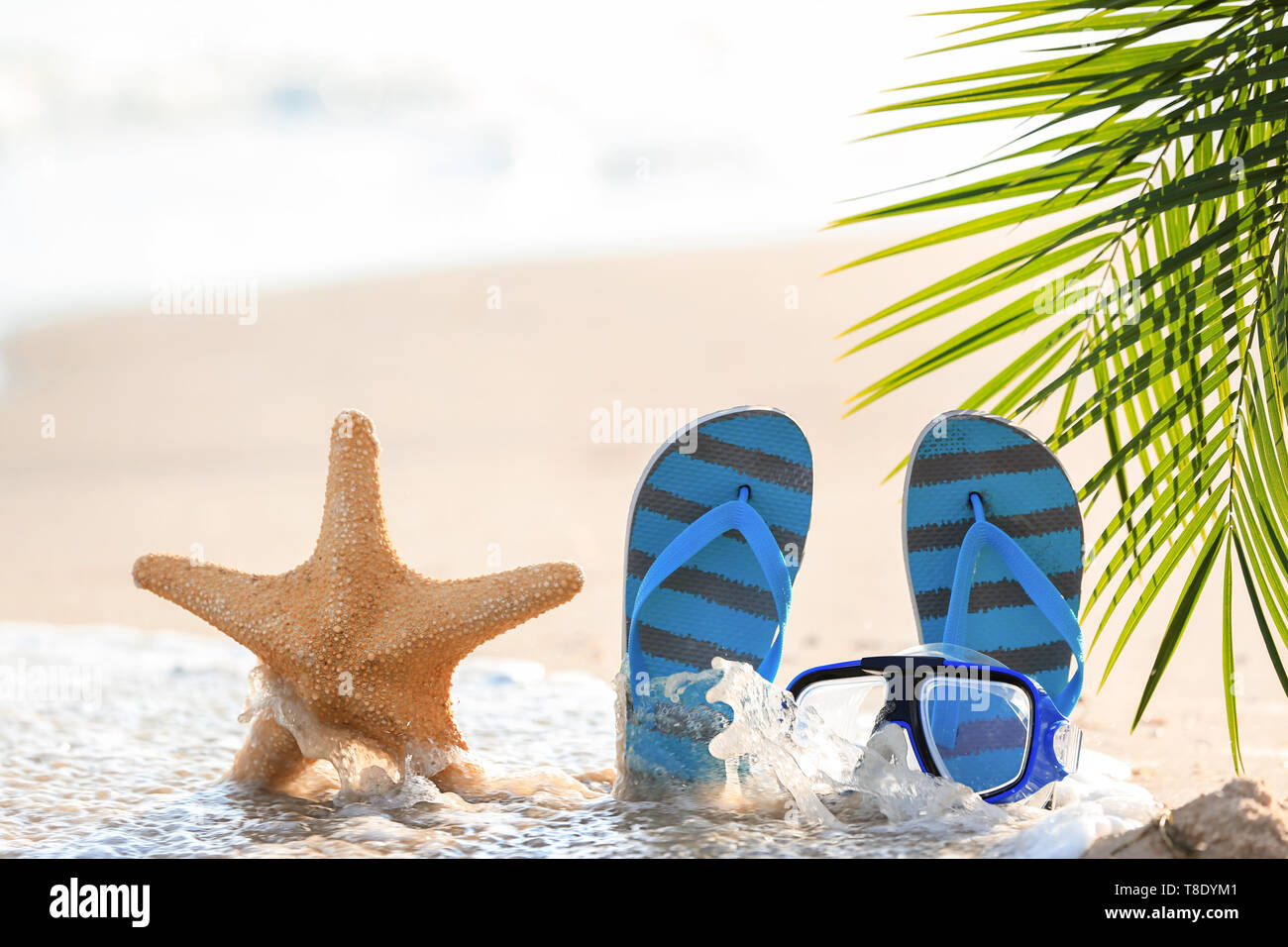 Starfish and flip-flops on sea beach at tropical resort Stock Photo - Alamy