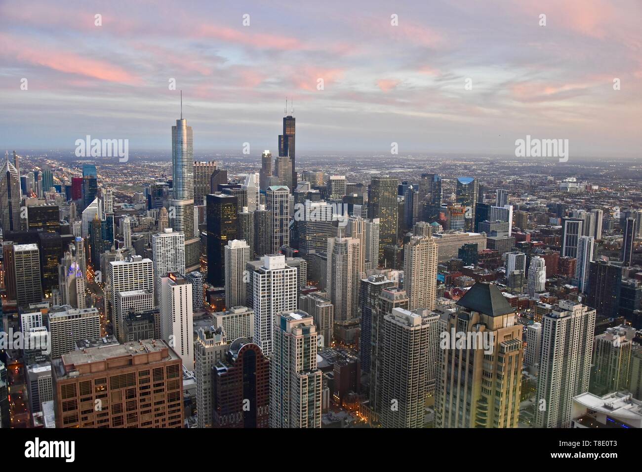 View of the Chicago skyline seen from the 360 Chicago observation deck ...