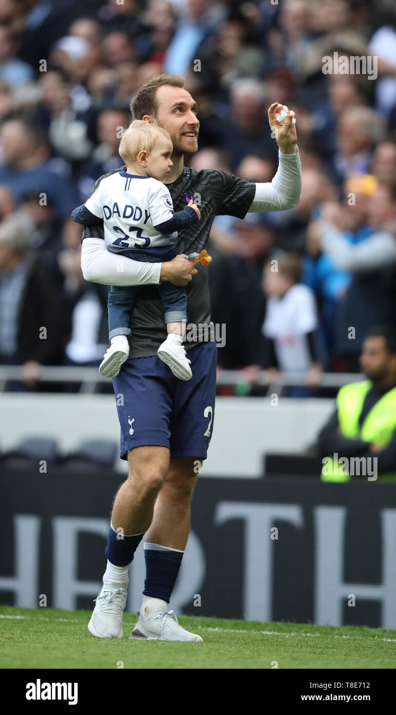 London, UK. 12th May, 2019. Christian Eriksen (TH) with his child at ...