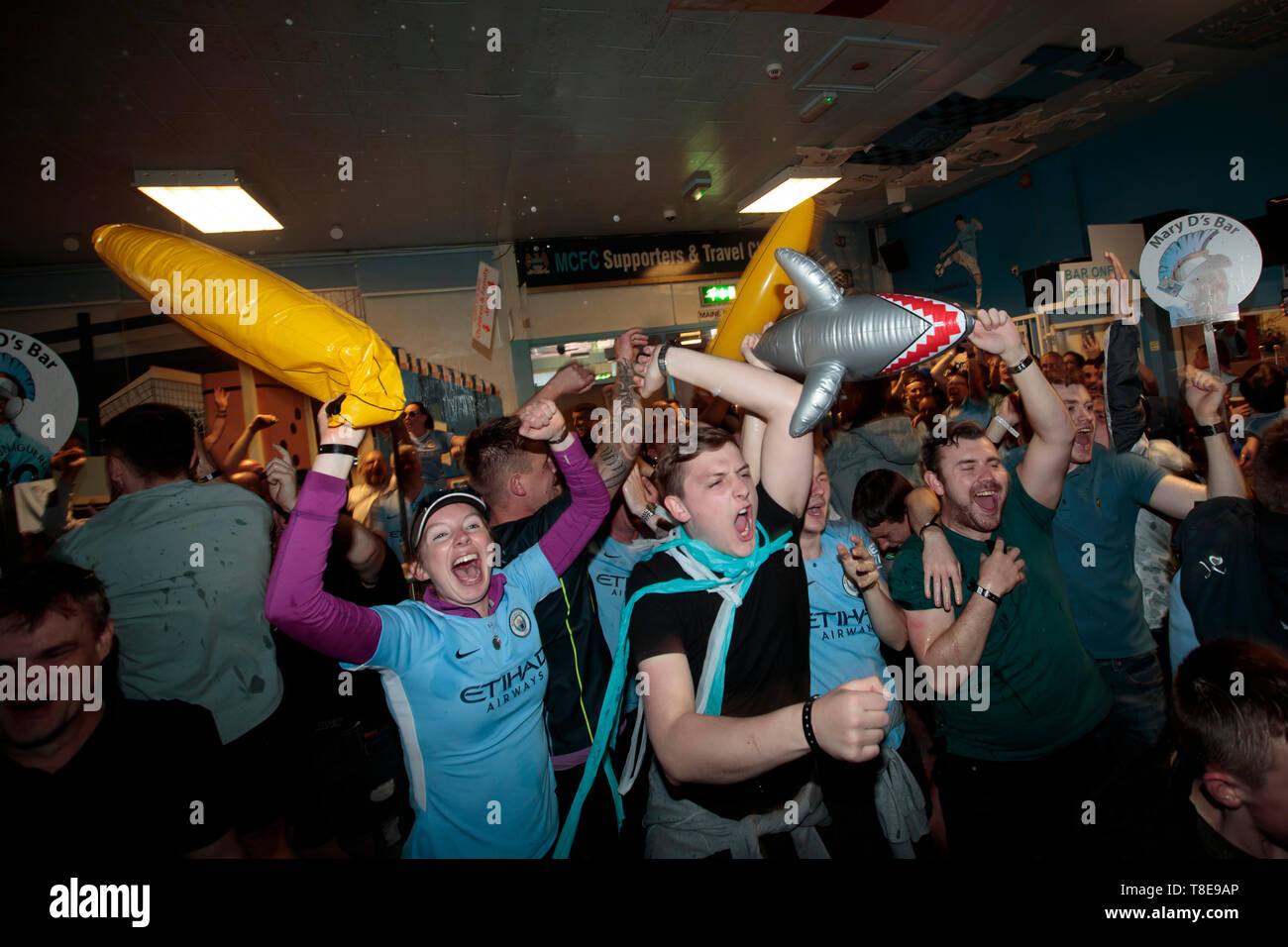 Manchester. 12th May, 2019. Manchester City supporters celebrate at ...