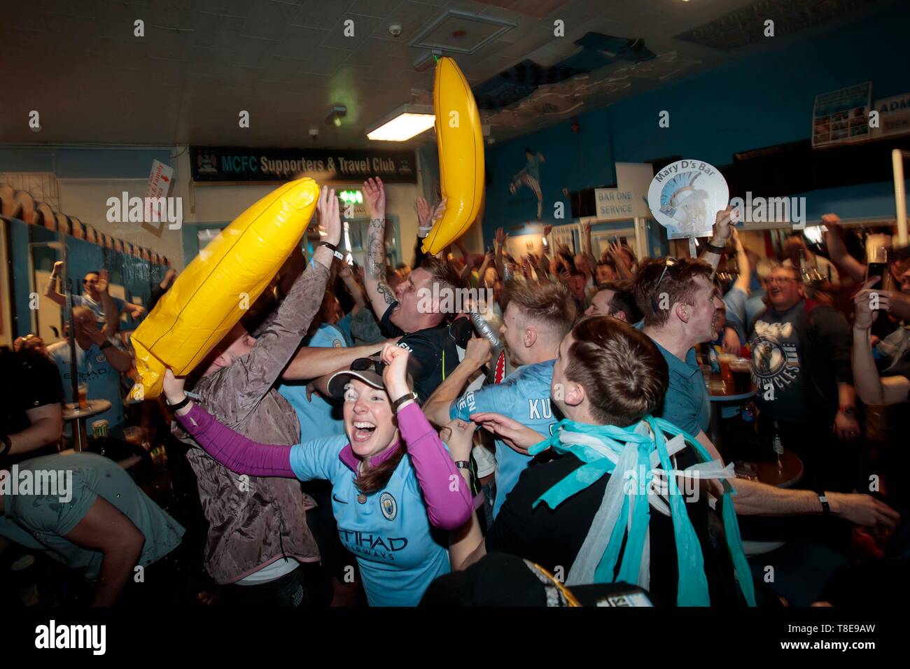 Manchester. 12th May, 2019. Manchester City supporters celebrate at ...