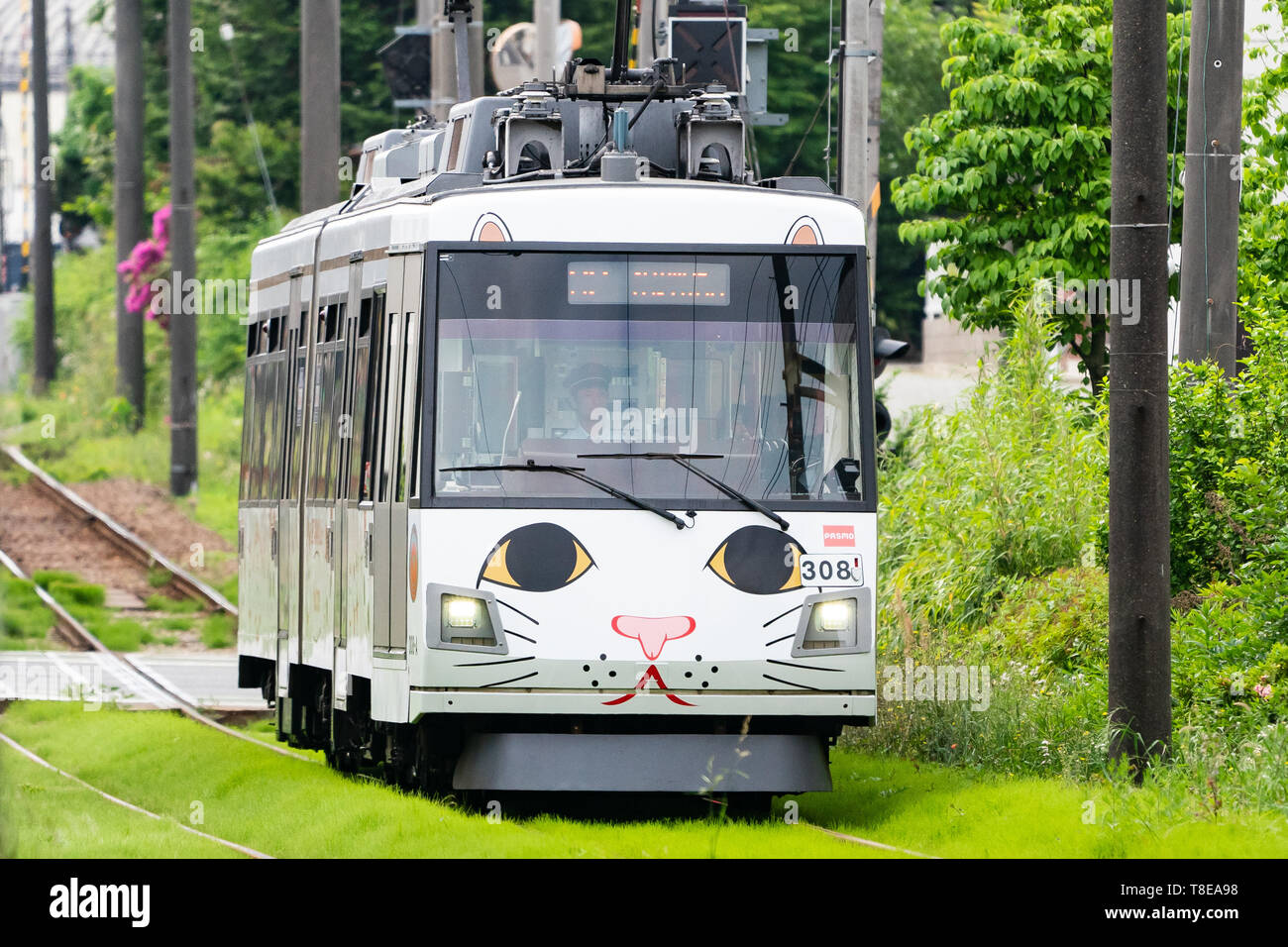 Tokyu Corp.'s new Manekineko (beckoning cat) tram, which commemorates ...