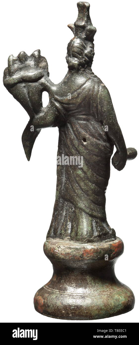 A Roman statuette of Fortuna 1st/2nd century AD. Bronze with dark green ...