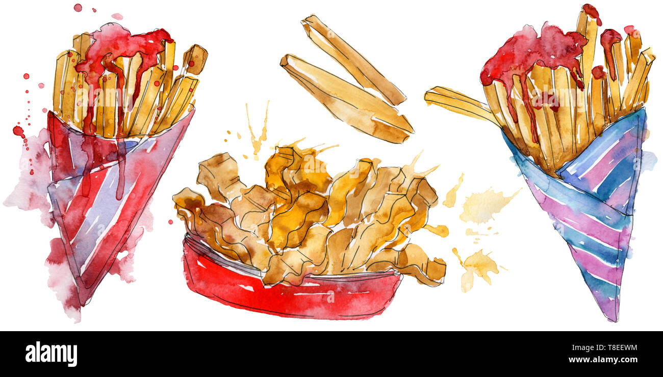 Fast food french fries in a watercolor style set. Aquarelle food ...