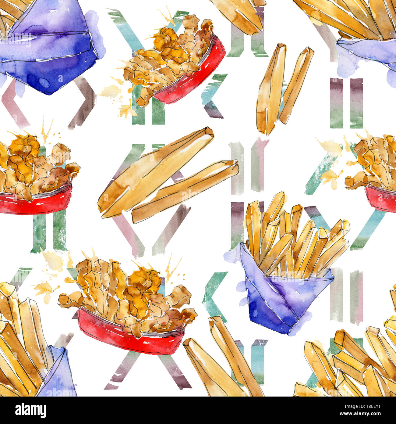 Fast food french fries in a watercolor style set. Watercolor background ...