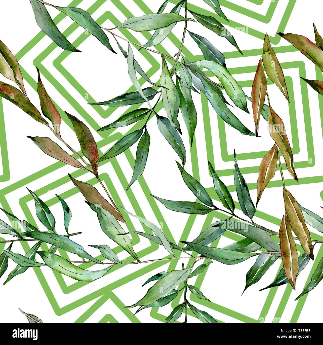 Green willow branches. Watercolor background illustration set. Seamless ...