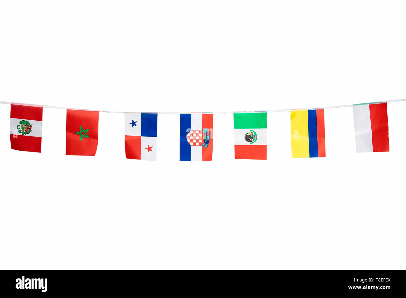 Triangle flags of various countries hanging on the rope, isolated on ...