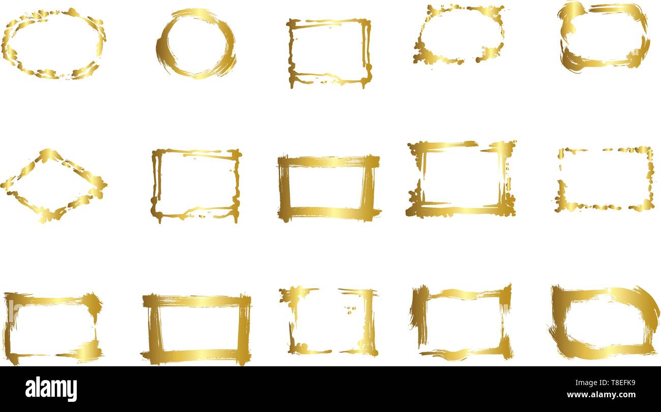 Set of dry brush frames. Hand drawn artistic frames. Golden engraved ...