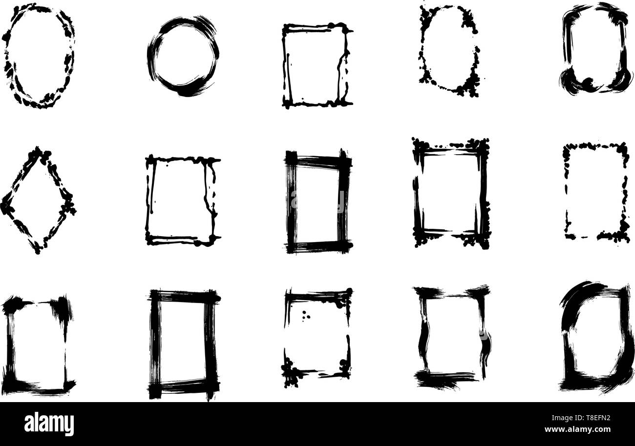 Set of dry brush frames. Black and white engraved ink art. Isolated ...