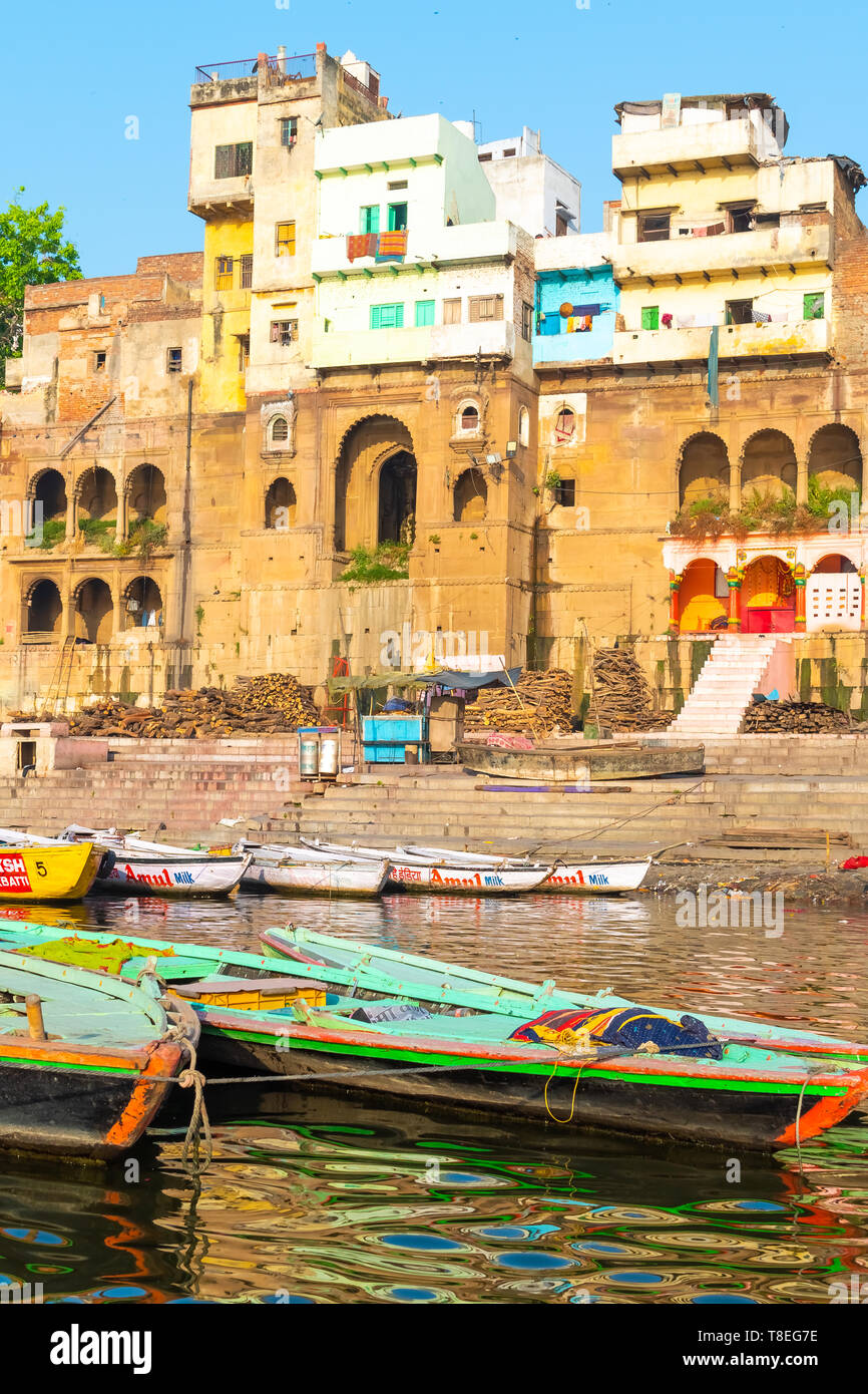 Varanasi city with ancient architecture, view of the holy ghats at ...