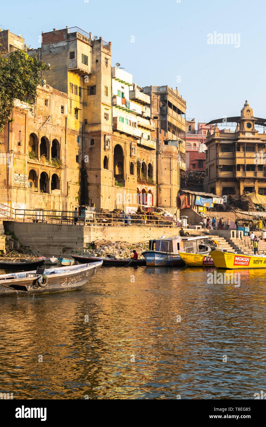 Varanasi city with ancient architecture, view of the holy ghats at ...
