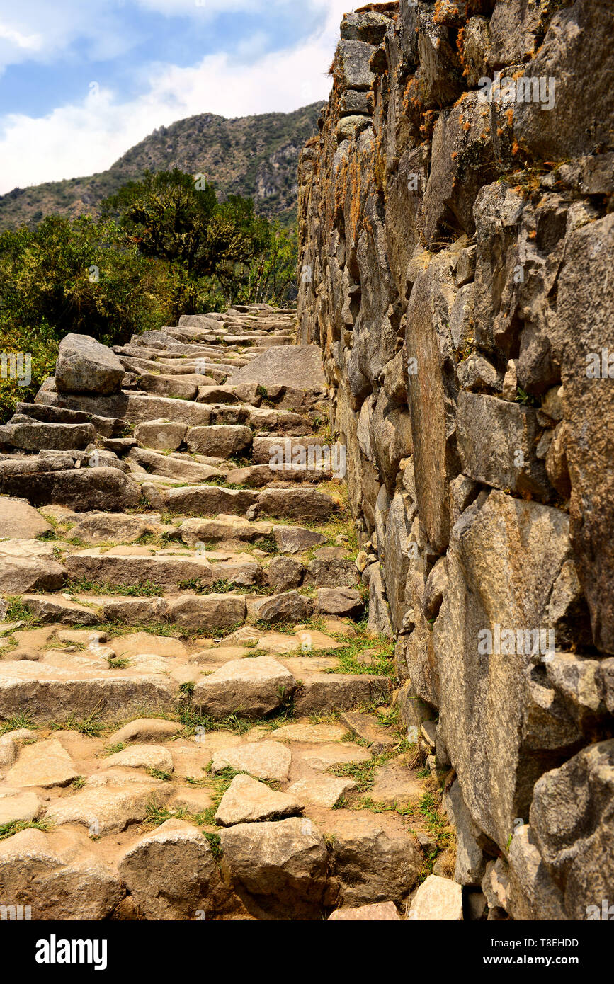 Ancient stone staircase in Machu Picchu. Lost city of incas in Peru ...
