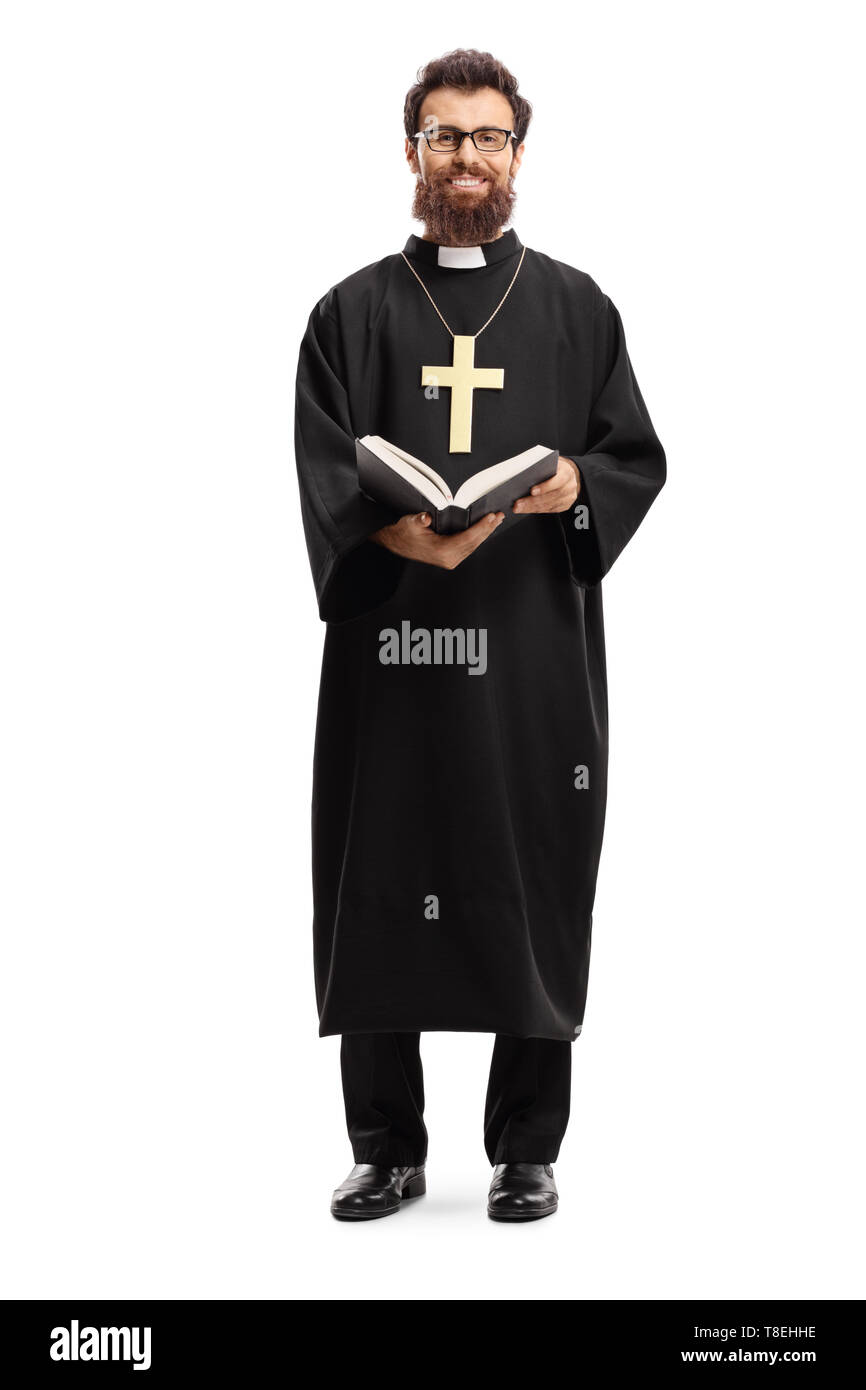 Full length portrait of a father priest with a cross and bible isolated ...