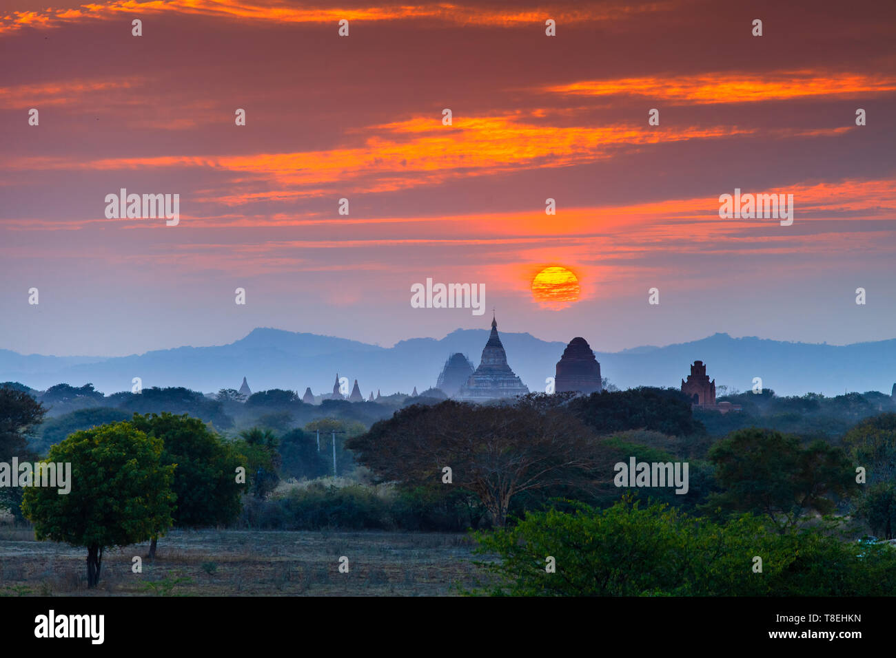 View of the temples of Bagan at sunset Stock Photo - Alamy