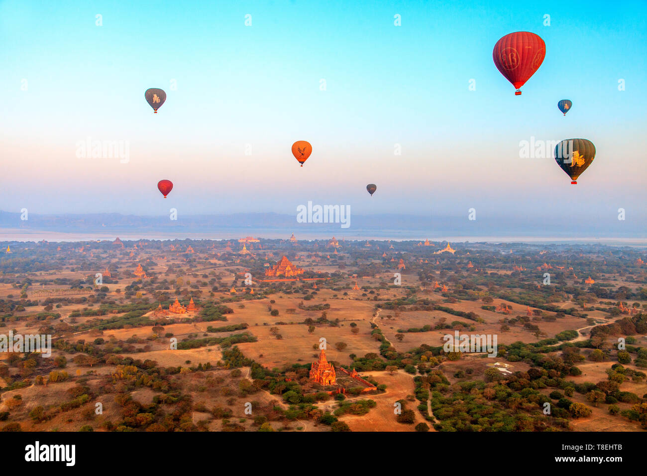 View from a hot air balloon in Bagan in the early morning (Myanmar ...