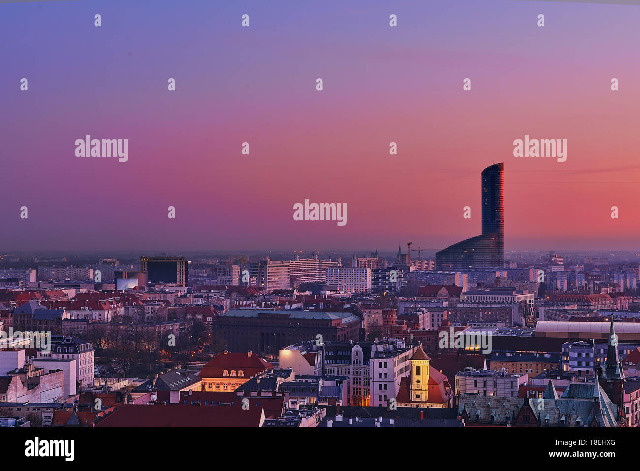 Wroclaw, Poland. Aerial view of the sunset of Sky Tower and other ...