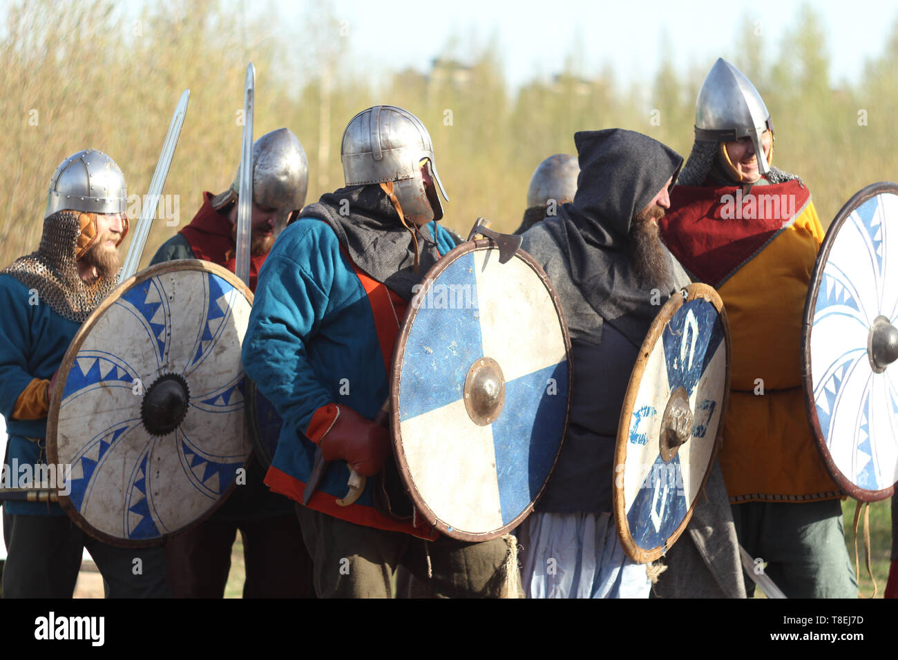 Group of slav warriors in reenactment battle rehearsal training Stock ...