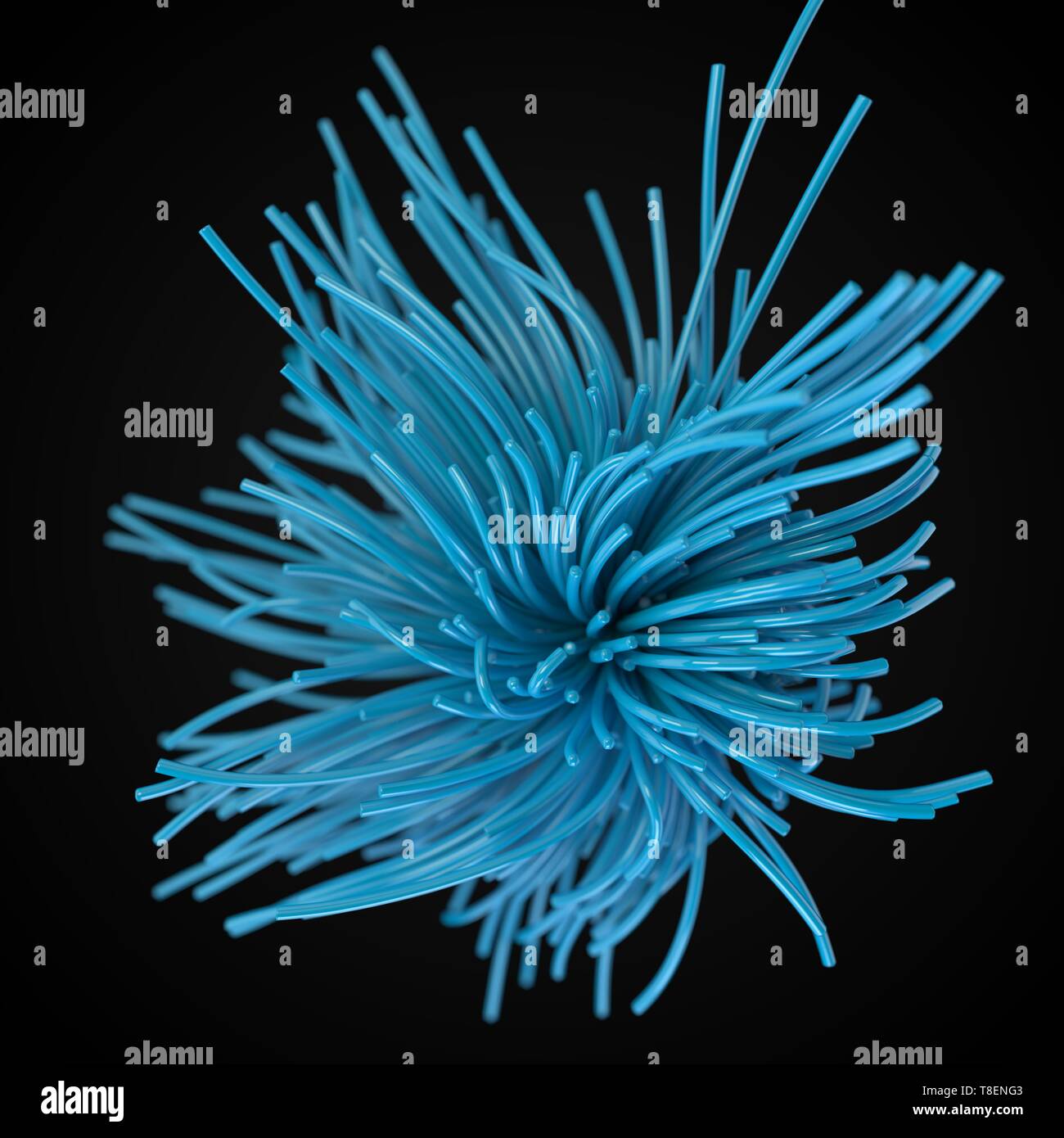 blue strings flowing on air. 3d illustration with black background ...