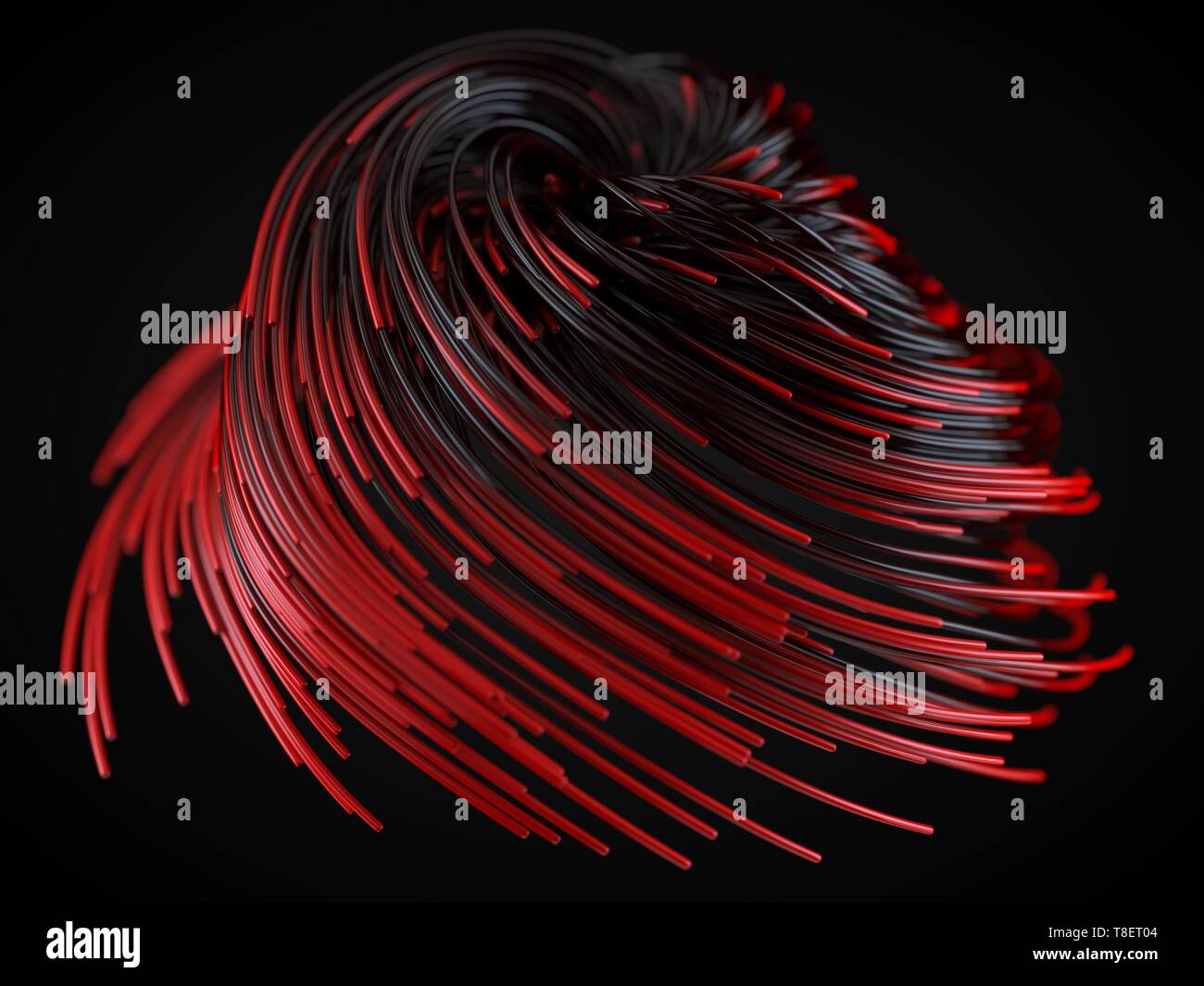 red strings growing and twisting on air. 3d illustration with black ...
