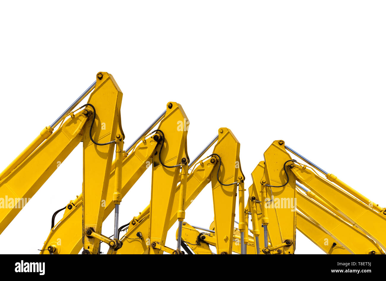 Yellow backhoe with hydraulic piston arm isolated on white. Heavy ...