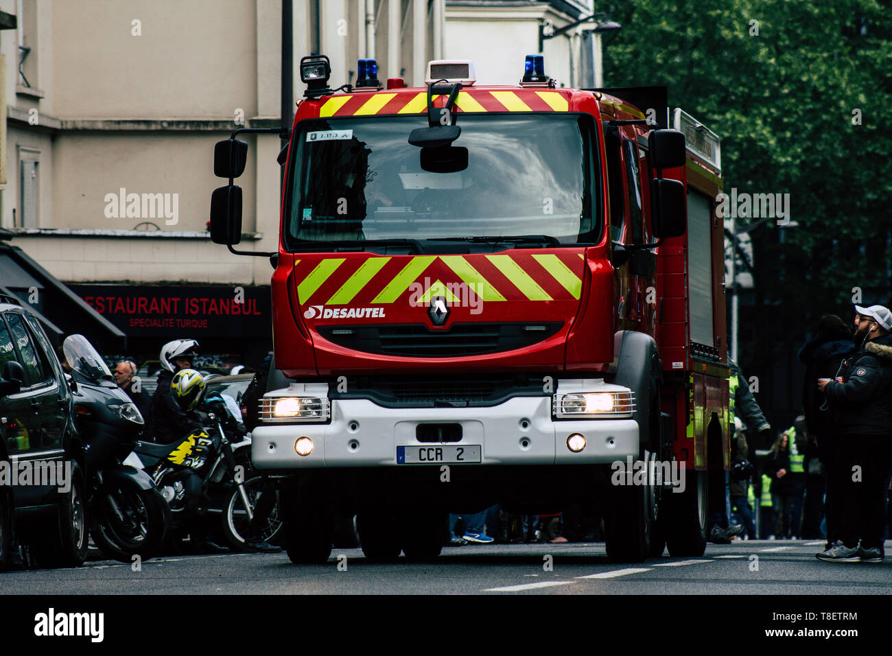 Paris France May 11, 2019 View of a French firefighter car rolling in ...