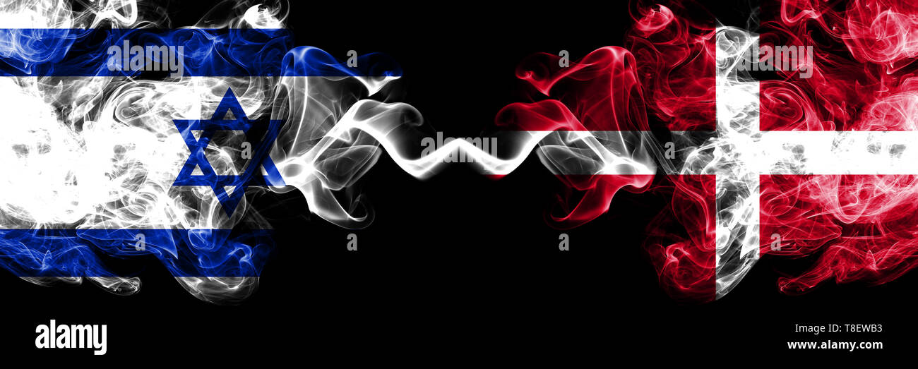 Israel vs Denmark, Danish smoky mystic flags placed side by side. Thick ...