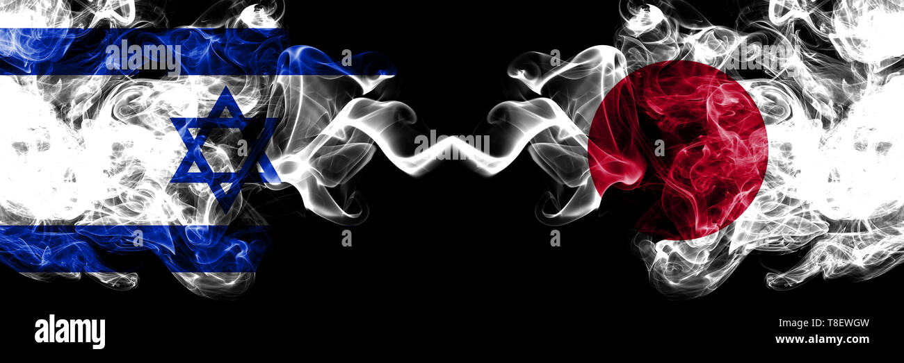 Israel vs Japan, Japanese smoky mystic flags placed side by side. Thick ...