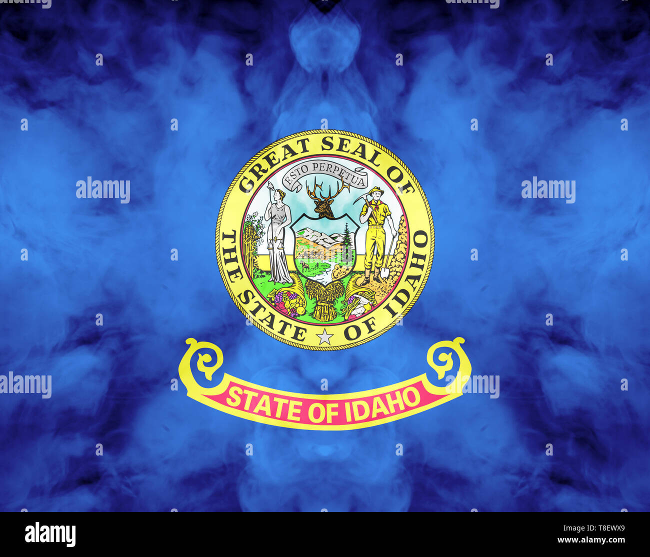 The national flag of the US state Idaho in against a gray smoke on the ...