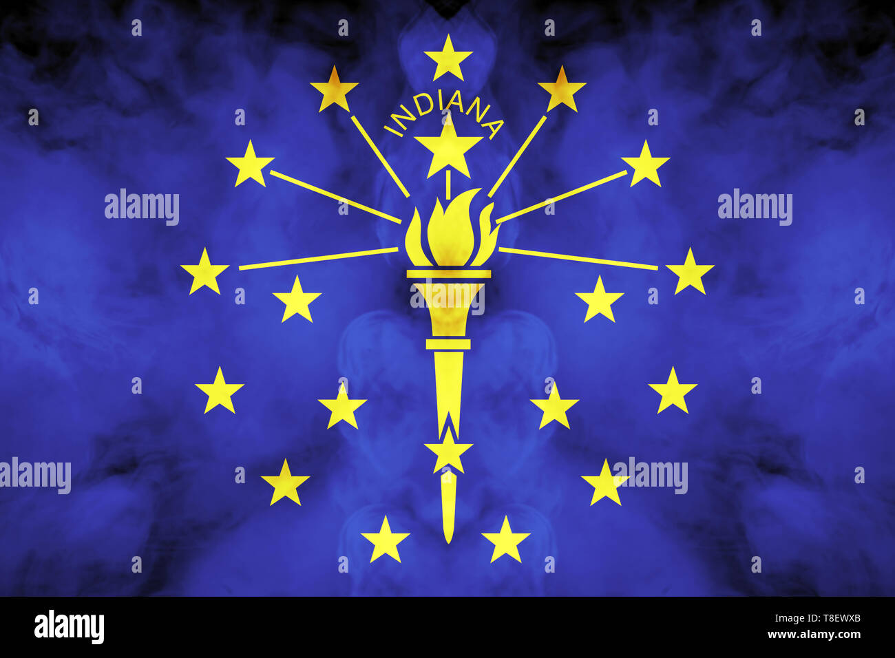 The national flag of the US state Indiana in against a gray smoke on ...