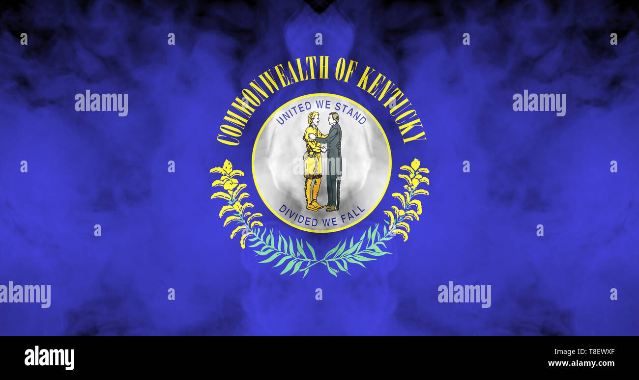 The national flag of the US state Kentucky in against a gray smoke on ...