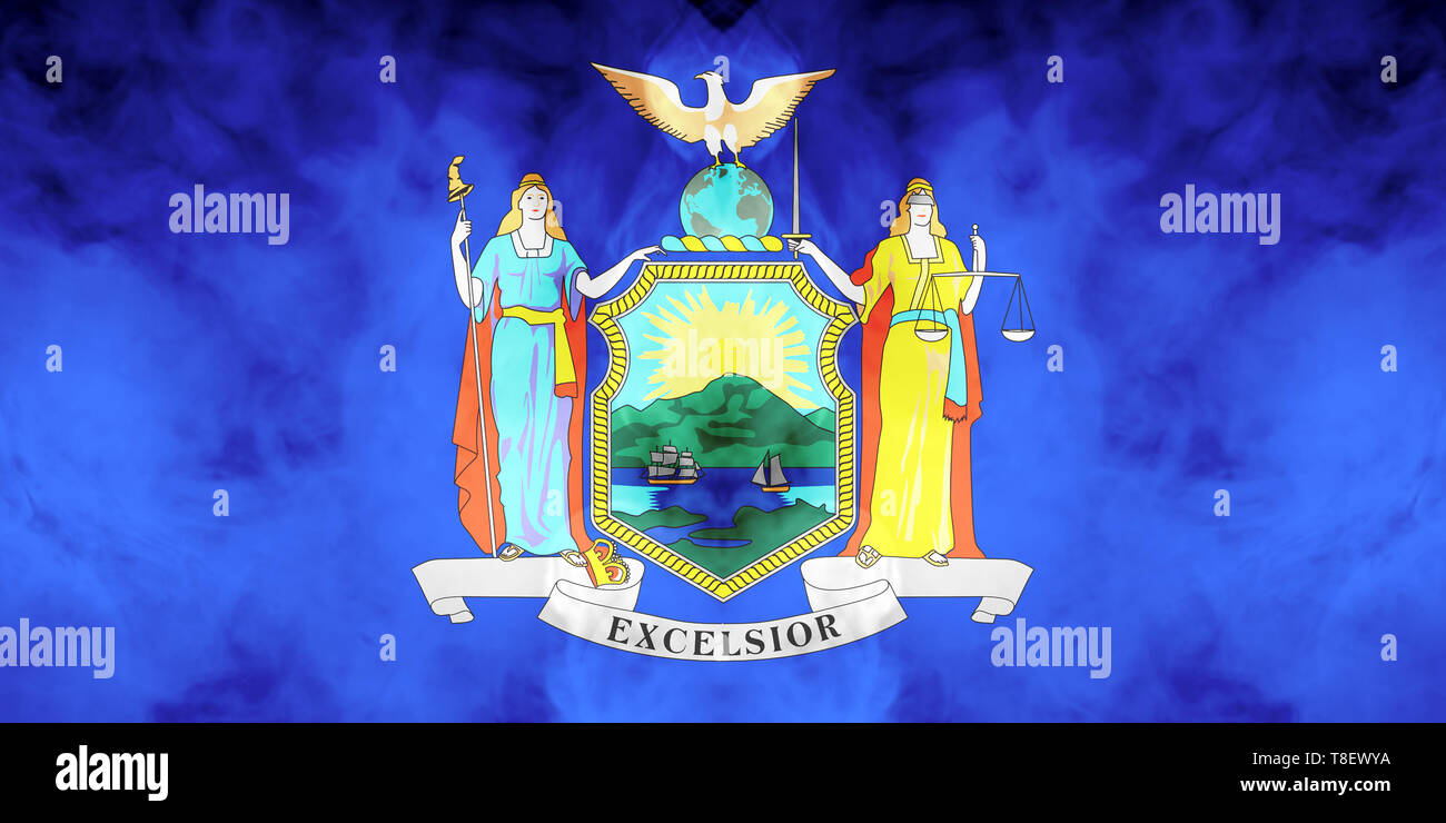 The national flag of the US state New York in against a gray smoke on ...