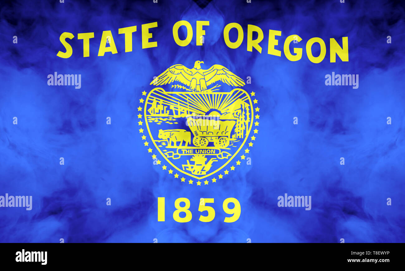 The national flag of the US state Oregon in against a gray smoke on the ...
